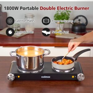 CUSIMAX Double Hot Plates Electric Burner, 1800W Countertop Cooktop with Adjustable Temperature Control, Hot Plates for Cooking Portable Electric Stove, Black Stainless Steel Cooktop, Upgraded Version