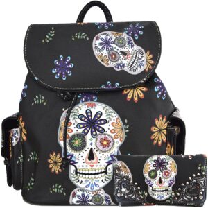 western origin sugar skull day of the dead daypack punk gothic backpack rose flower fashion women travel biker purse daypack wallet set (black set)