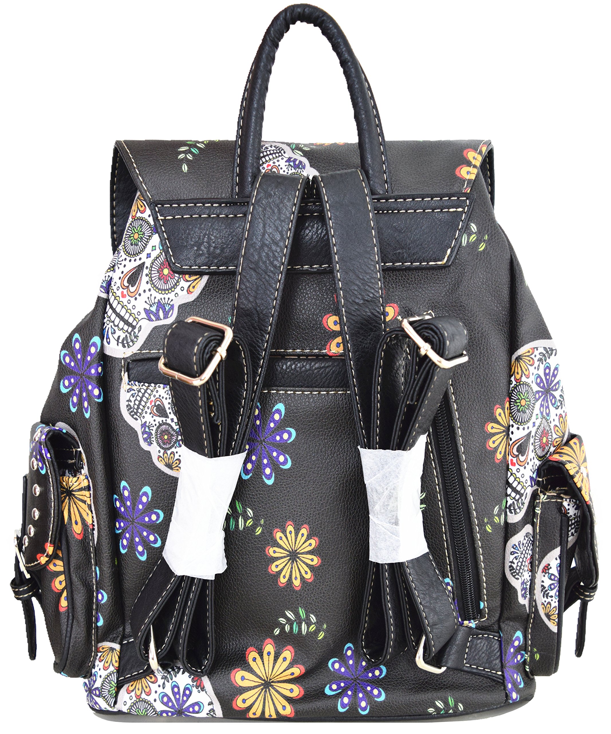 WESTERN ORIGIN Sugar Skull Day of the Dead Daypack Punk Gothic Backpack Rose Flower Fashion Women Travel Biker Purse Daypack Wallet Set (Black Set)