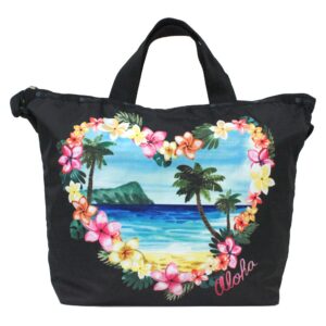 lesportsac aloha sunrise hawaii exclusive easy carry tote crossbody + top handle handbag, style 2431/color k586, placement print - vibrant tropical lei flowers & palm trees, aloha printed front & back