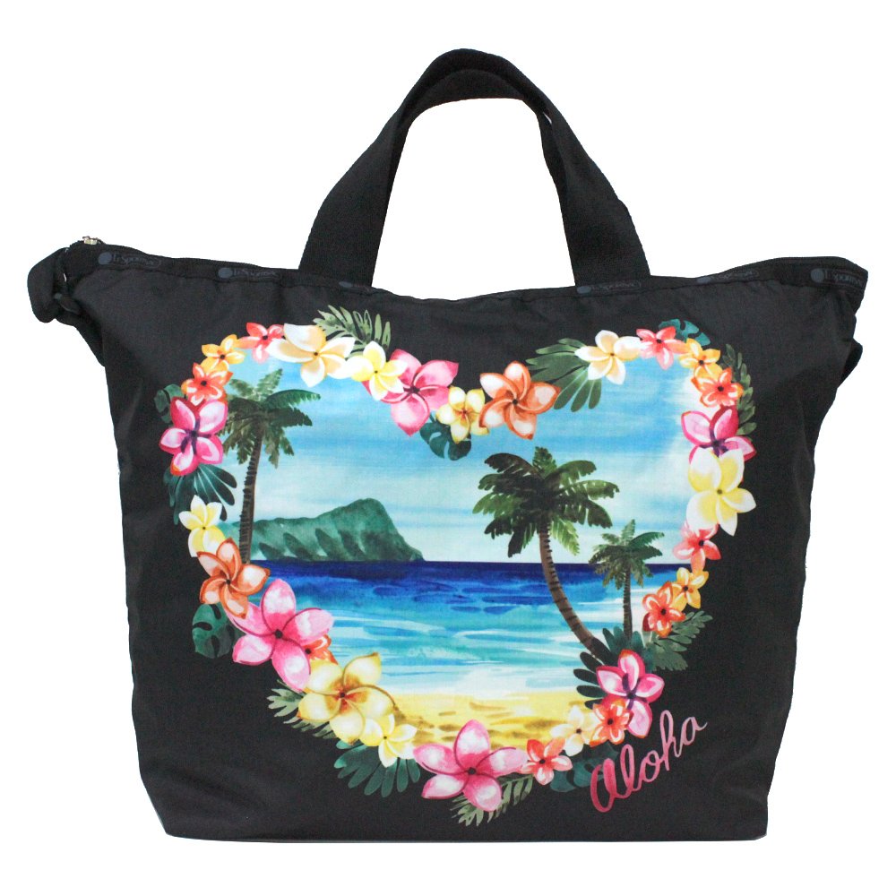 LeSportsac Aloha Sunrise HAWAII EXCLUSIVE Easy Carry Tote Crossbody + Top Handle Handbag, Style 2431/Color K586, Placement Print - Vibrant Tropical Lei Flowers & Palm Trees, Aloha Printed Front & Back