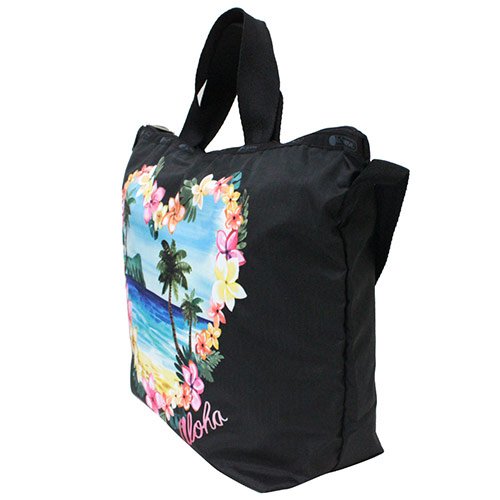 LeSportsac Aloha Sunrise HAWAII EXCLUSIVE Easy Carry Tote Crossbody + Top Handle Handbag, Style 2431/Color K586, Placement Print - Vibrant Tropical Lei Flowers & Palm Trees, Aloha Printed Front & Back