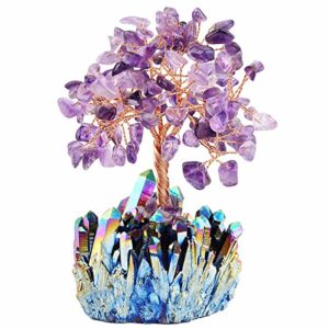 mookaitedecor amethyst crystal tree, quartz cluster rainbow titanium crystals base bonsai money tree for wealth and luck