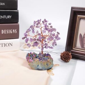 mookaitedecor Amethyst Crystal Tree, Quartz Cluster Rainbow Titanium Crystals Base Bonsai Money Tree for Wealth and Luck