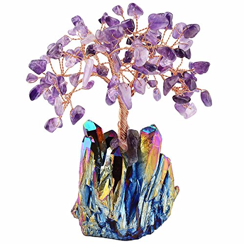 mookaitedecor Amethyst Crystal Tree, Quartz Cluster Rainbow Titanium Crystals Base Bonsai Money Tree for Wealth and Luck