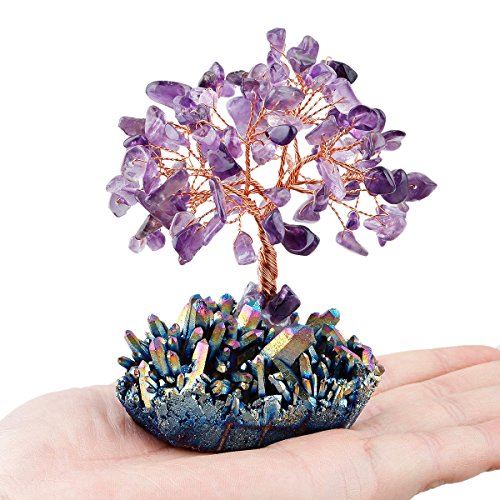 mookaitedecor Amethyst Crystal Tree, Quartz Cluster Rainbow Titanium Crystals Base Bonsai Money Tree for Wealth and Luck