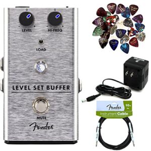 fender level set buffer pedal bundle with power supply, instrument cable, and picks