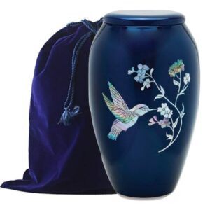 blue hummingbird mother of pearl inlaid metal cremation urn and velvet bag