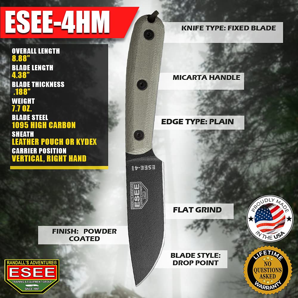 ESEE Authentic Model 4HM Fixed Blade Knife, Black Powder Blade, Micarta Handle, Leather Sheath