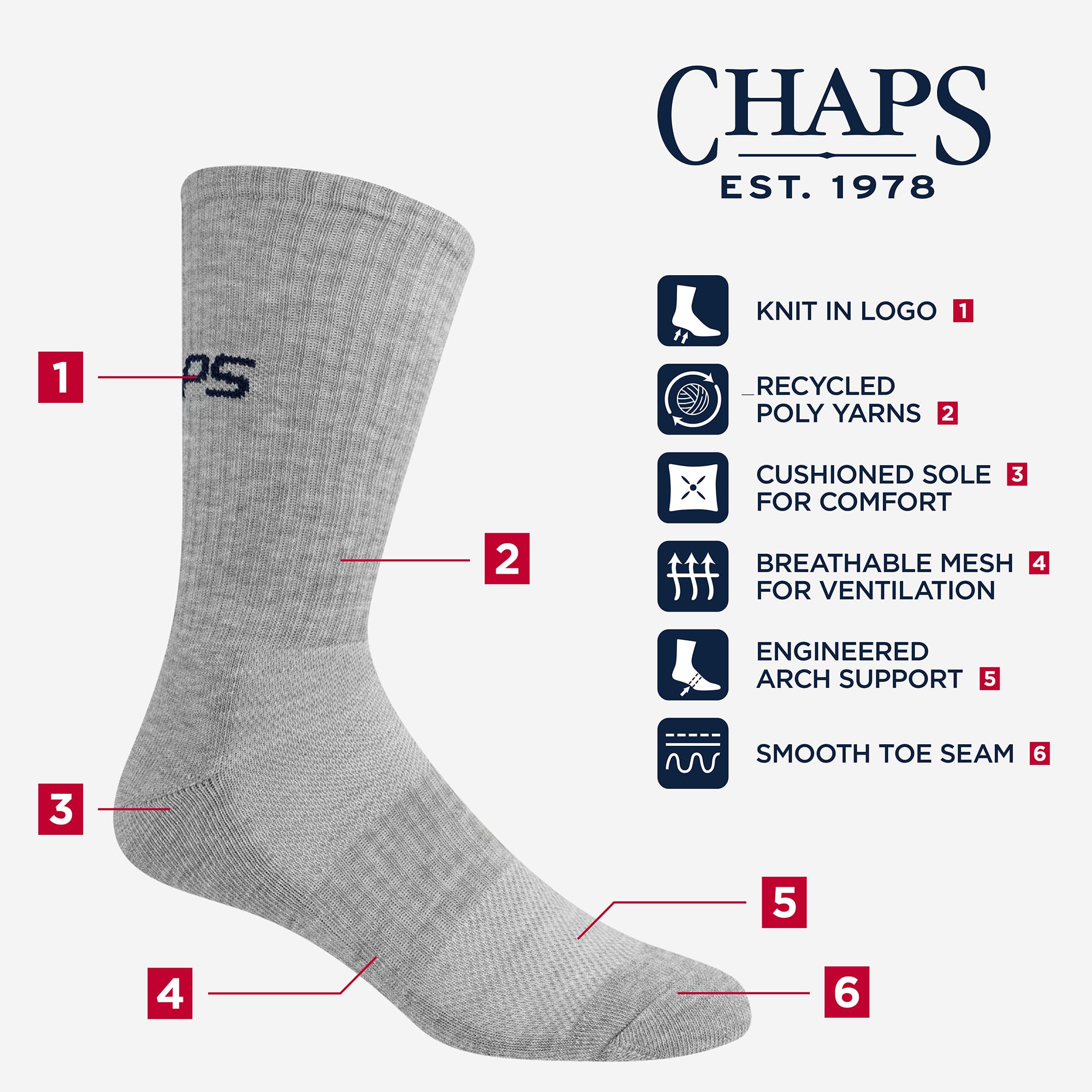 Chaps Men's Cushioned Repreve Athletic Socks-6 Pair Pack-Running Breathable Front Mesh and Arch Support, Crew-White, Shoe Size: 6-12