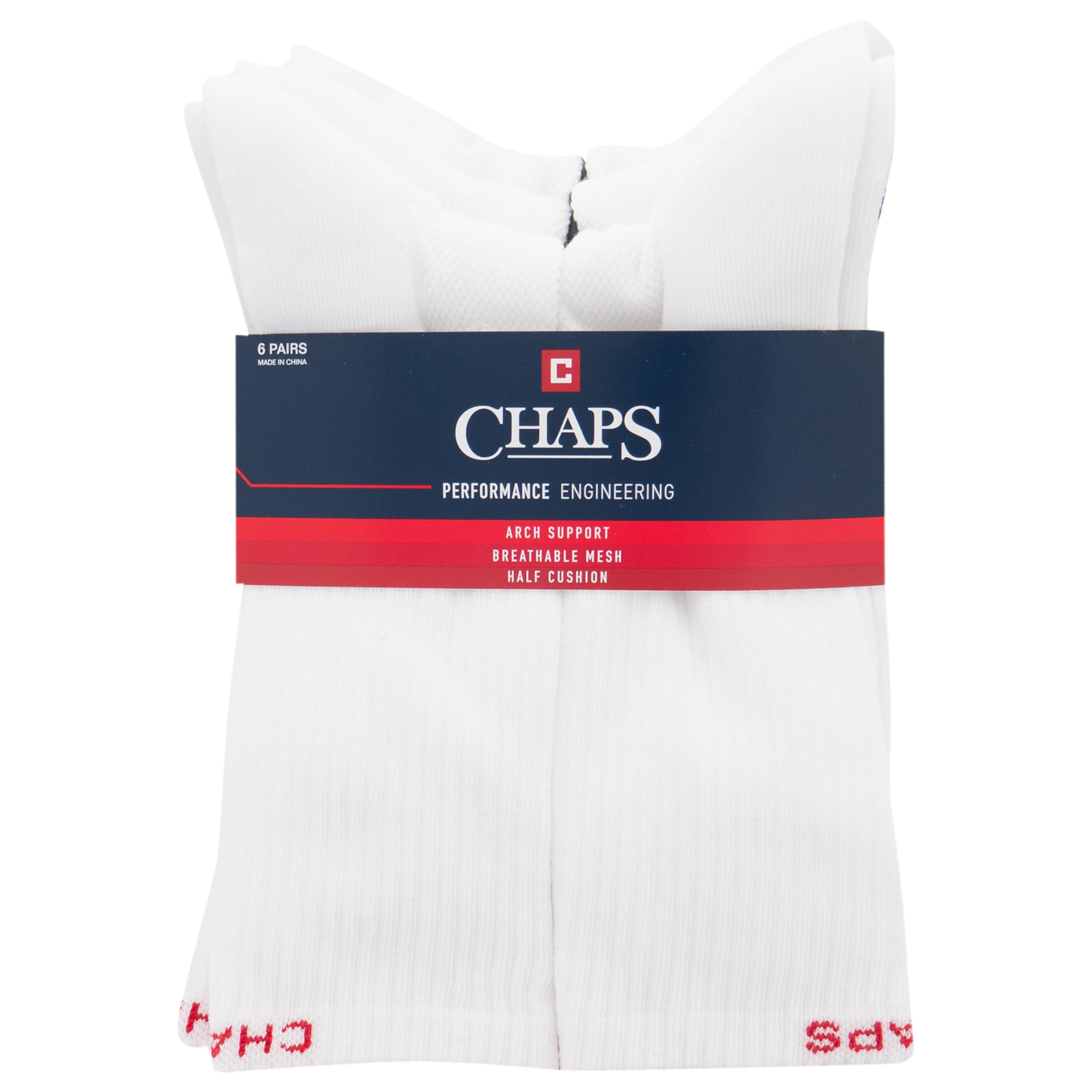 Chaps Men's Cushioned Repreve Athletic Socks-6 Pair Pack-Running Breathable Front Mesh and Arch Support, Crew-White, Shoe Size: 6-12