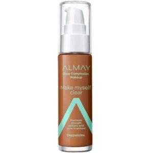 almay clear complexion makeup, matte finish liquid foundation with salicylic acid, hypoallergenic, cruelty free, -fragrance free, dermatologist tested, 900 cappuccino, 1.0 oz