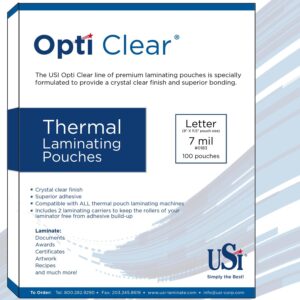 usi opti clear premium thermal laminating pouches, letter size, 7 mil, 9 x 11.5 inches, 100-pack