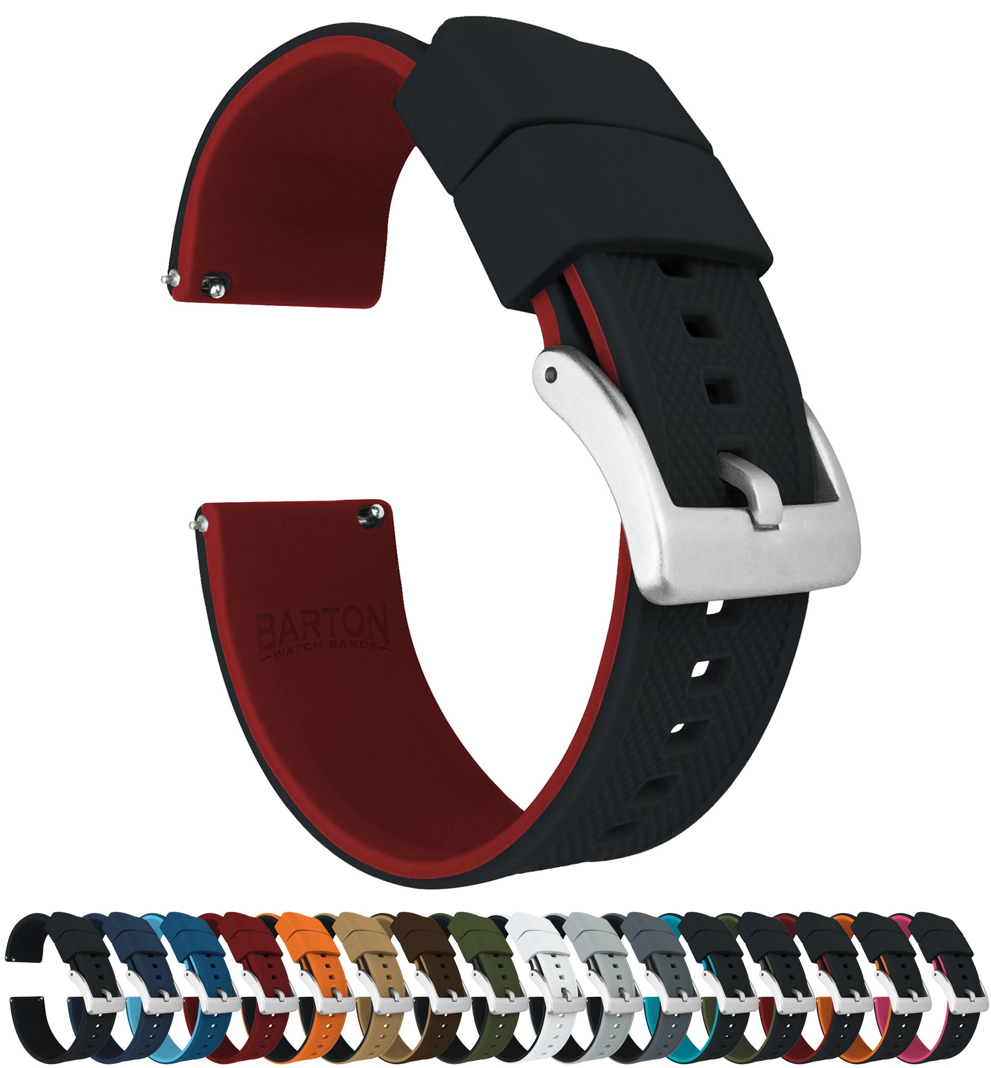 BARTON WATCH BANDS Quick Release Elite Silicone Watch Bands, Black Top/Crimson Red Bottom, 22mm