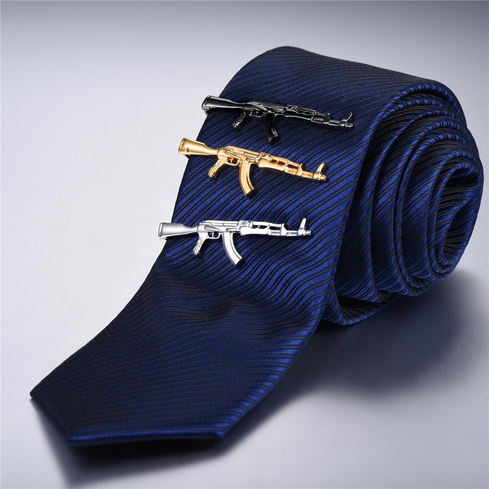 U7 Men Personalized Tie Clip Set of 3 Stainless/Black/18K Gold Plated AK47 Gun Shaped Shirt Tie Bar Clips 3 Pieces