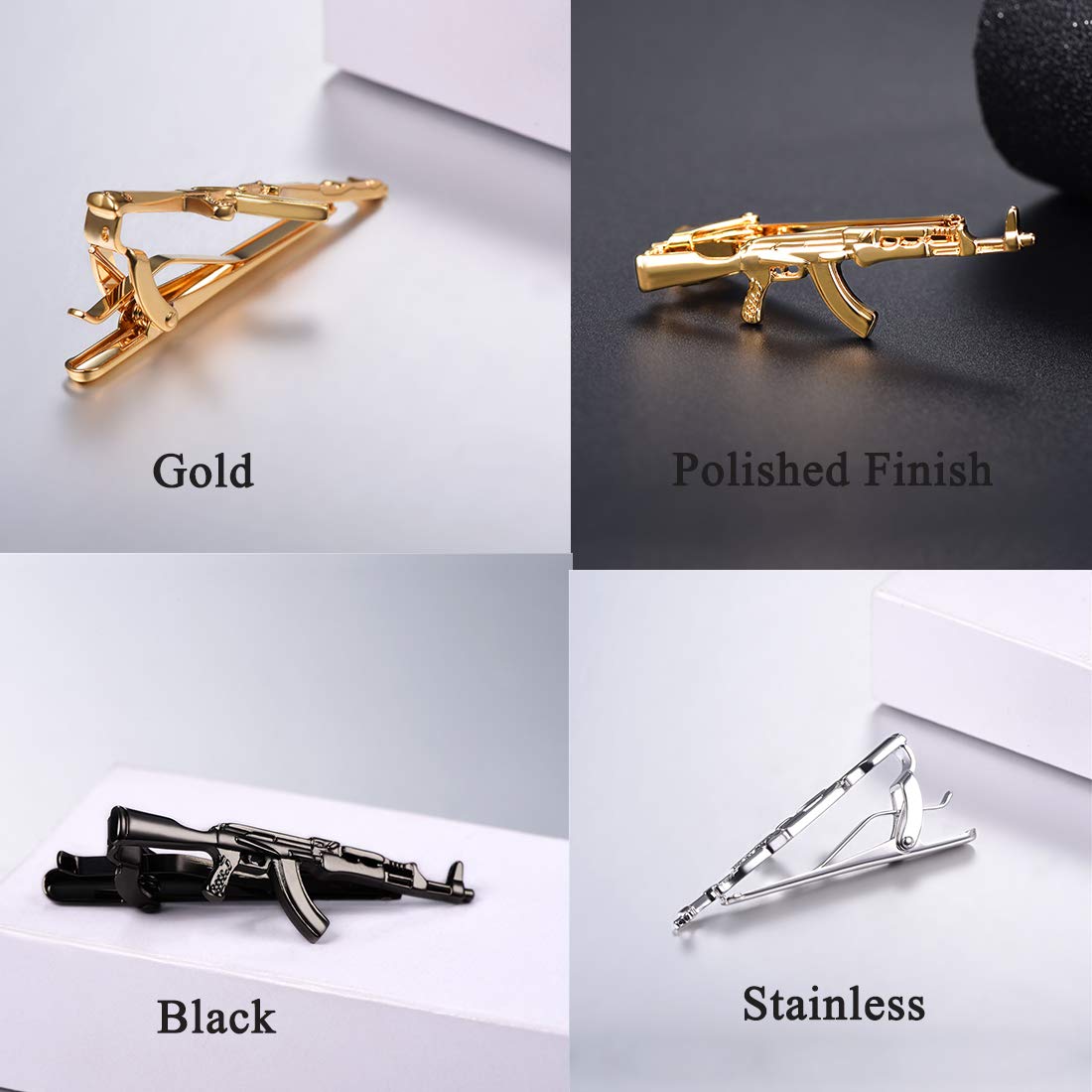 U7 Men Personalized Tie Clip Set of 3 Stainless/Black/18K Gold Plated AK47 Gun Shaped Shirt Tie Bar Clips 3 Pieces