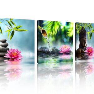 TutuBeer Zen Canvas Prints 3 Panel Spa Wall Decor Spa Stone Green Bamboo Pink Waterlily Zen Buddha Pictures Canvas Painting Print for Home Office and Kitchen Stretched and Framed Each Panel 12x12inch