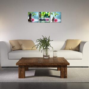 TutuBeer Zen Canvas Prints 3 Panel Spa Wall Decor Spa Stone Green Bamboo Pink Waterlily Zen Buddha Pictures Canvas Painting Print for Home Office and Kitchen Stretched and Framed Each Panel 12x12inch