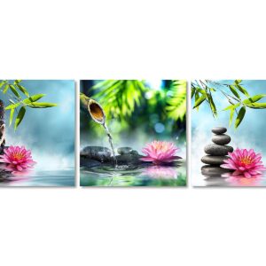 TutuBeer Zen Canvas Prints 3 Panel Spa Wall Decor Spa Stone Green Bamboo Pink Waterlily Zen Buddha Pictures Canvas Painting Print for Home Office and Kitchen Stretched and Framed Each Panel 12x12inch