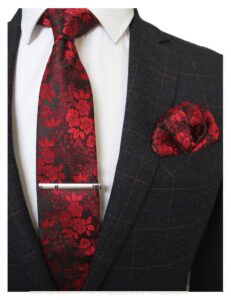 jemygins silk red floral necktie and pocket square, hankerchief and tie bar clip sets for men (1)