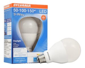 sylvania a21 led light bulb, 3 way, 50w/ 100w/ 150w, 13 year, non-dimmable, up to 2600 lumens, 5000k, daylight - 1 pack (79770)