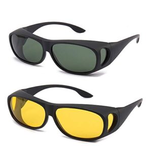 gemgoo 2pcs prescription glasses optic hd night day driving wrap around anti glare sunglasses fitover glasses… (green lens+yellow lens)