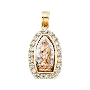 14k yellow white rose gold cz religious guadalupe pendant - height 18 mm width 12 mm