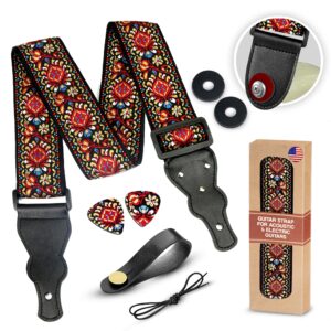 guitar strap for acoustic guitars , electric guitars and bass , red vintage woven embroidered adjustable strap includes 2 strap locks to keep your guitar safe & 2 unique picks and pick pocket