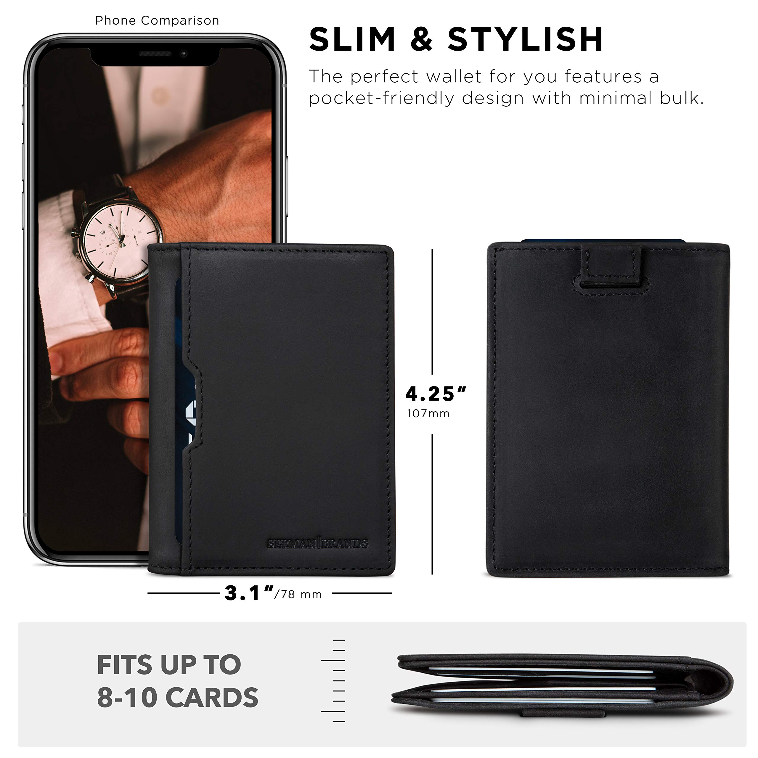 SERMAN BRANDS - Wallets for Men Slim Mens leather RFID Blocking Minimalist Card Front Pocket Bifold Travel Thin (Charcoal Black 5.0)