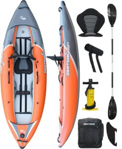 driftsun rover 120 inflatable kayak - 1 person adult white water single rider foldable kayak canoe set with padded seat, aluminium paddle, action cam mount, pump, high pressure floor & travel bag