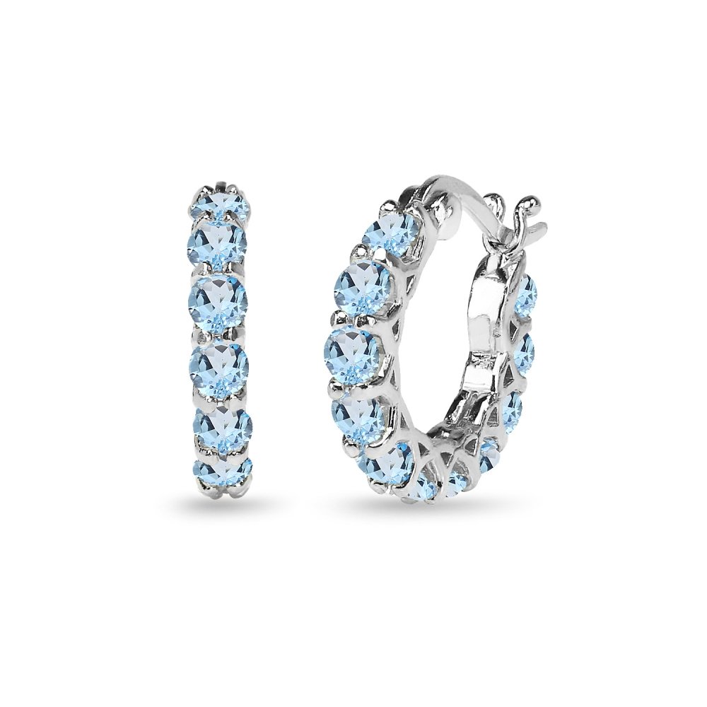 Sterling Silver Small Round Huggie 18mm Blue Topaz Hoop Earrings for Women