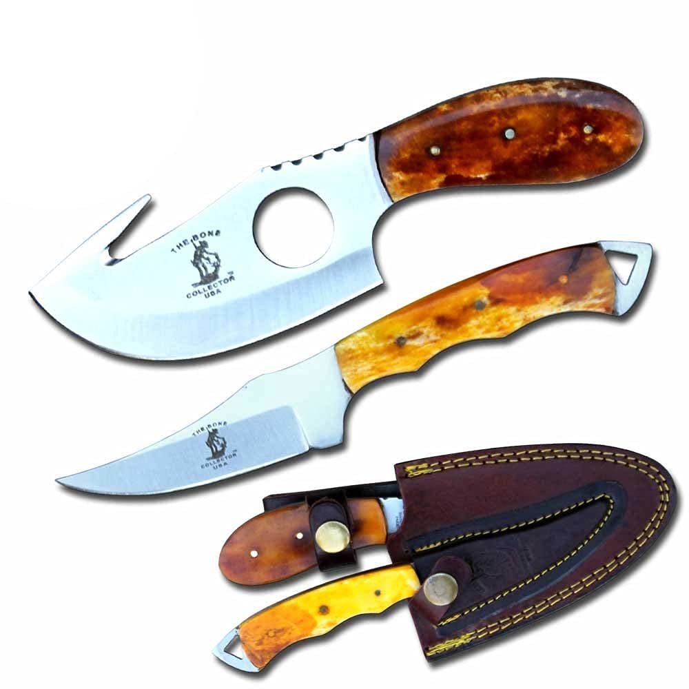 Bone Collector Hunting Knife Two Piece Set, 7" Straight Edge and 7" Gut Hook Blades Yellow Bone Full Tang Skinner