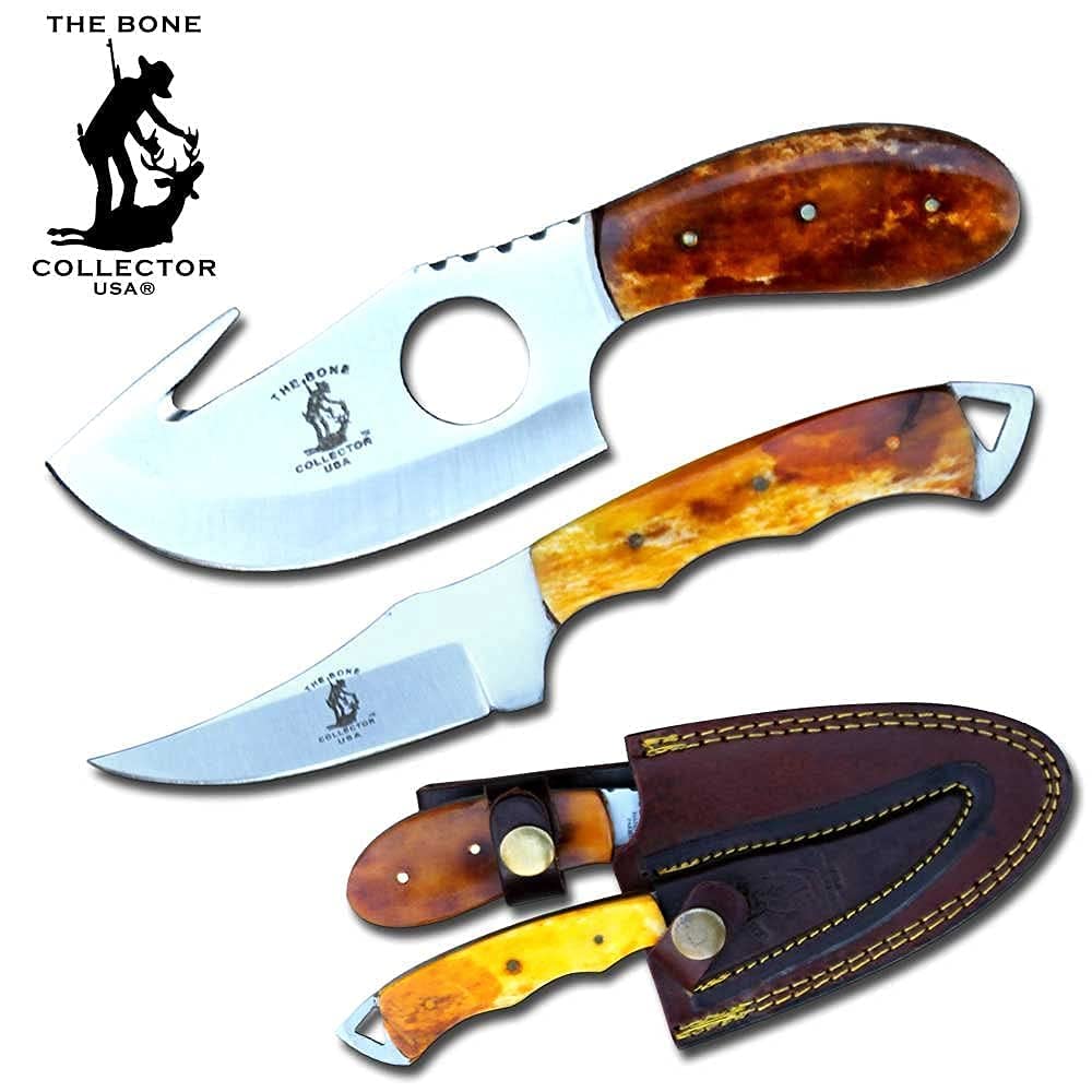 Bone Collector Hunting Knife Two Piece Set, 7" Straight Edge and 7" Gut Hook Blades Yellow Bone Full Tang Skinner