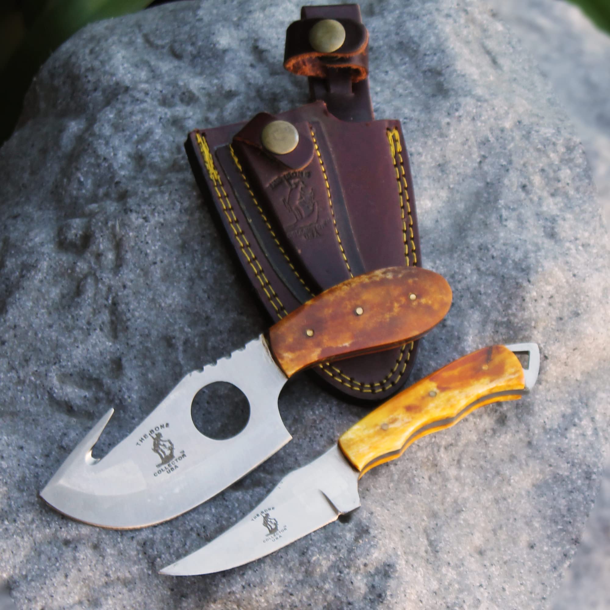 Bone Collector Hunting Knife Two Piece Set, 7" Straight Edge and 7" Gut Hook Blades Yellow Bone Full Tang Skinner