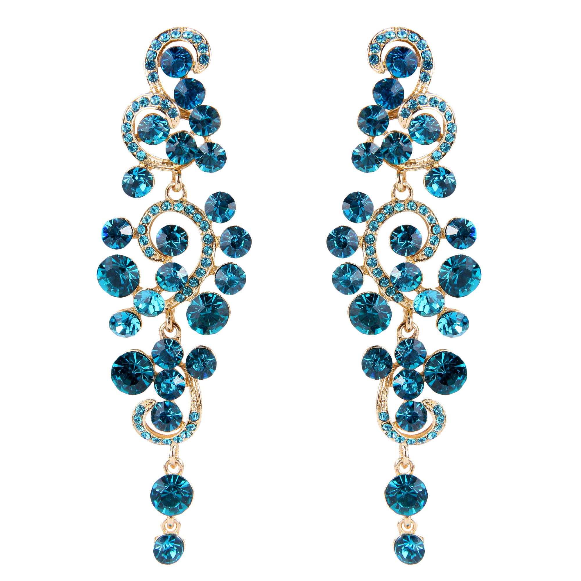 BriLove Wedding Bridal Statement Earrings for Women Bohemian Boho Crystal Floral Hollow Chandelier Dangle Earrings Blue Topaz Color Gold-Toned