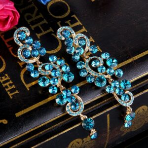 BriLove Wedding Bridal Statement Earrings for Women Bohemian Boho Crystal Floral Hollow Chandelier Dangle Earrings Blue Topaz Color Gold-Toned