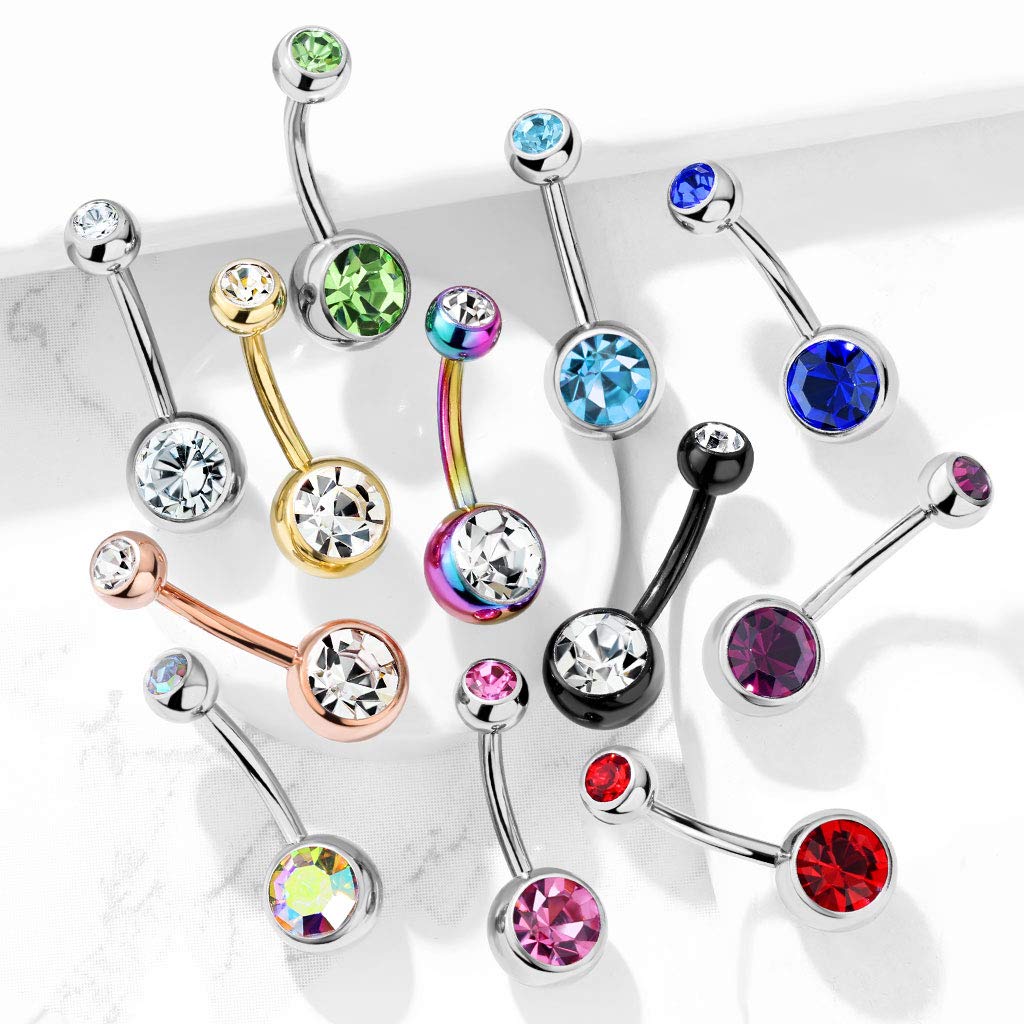 FIFTH CUE 14G Grade 23 Solid Titanium Double Gem Ball Naval Belly Button Ring (1/2" (12mm) 5 & 8mm Aqua)