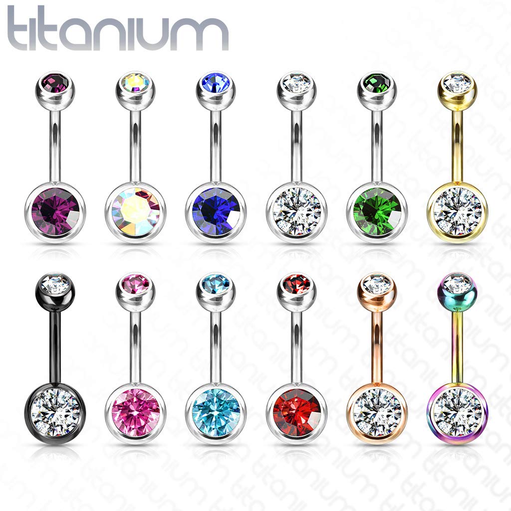 FIFTH CUE 14G Grade 23 Solid Titanium Double Gem Ball Naval Belly Button Ring (1/2" (12mm) 5 & 8mm Aqua)