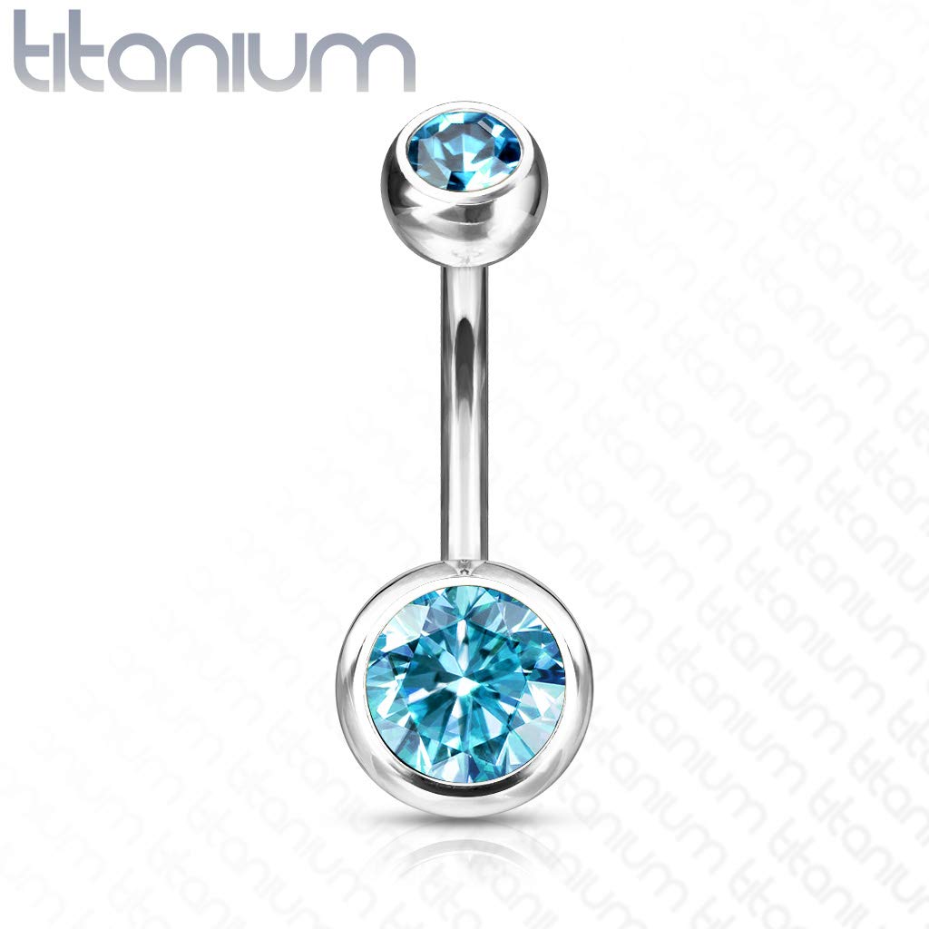 FIFTH CUE 14G Grade 23 Solid Titanium Double Gem Ball Naval Belly Button Ring (1/2" (12mm) 5 & 8mm Aqua)