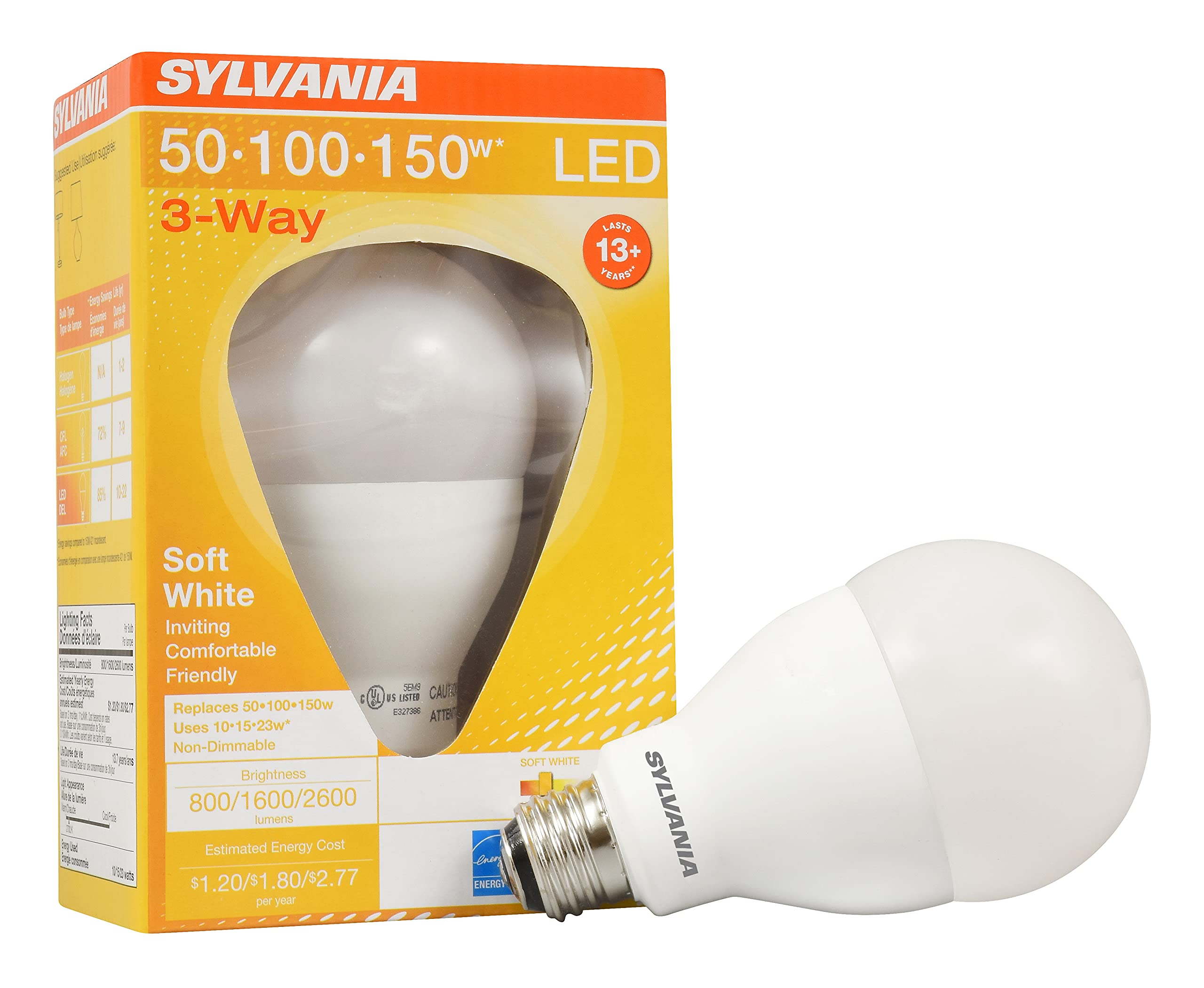 SYLVANIA A21 LED Light Bulb, 3 Way, 50W/ 100W/ 150W, 13 Year, Non-Dimmable, Up to 2600 Lumens, 2700K, Soft White - 1 Pack (79713)