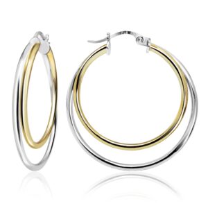 Sterling Silver Two-Tone Double Circle Round-Tube Polished Hoop Earrings, 30mm