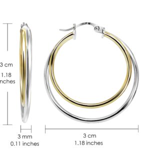 Sterling Silver Two-Tone Double Circle Round-Tube Polished Hoop Earrings, 30mm