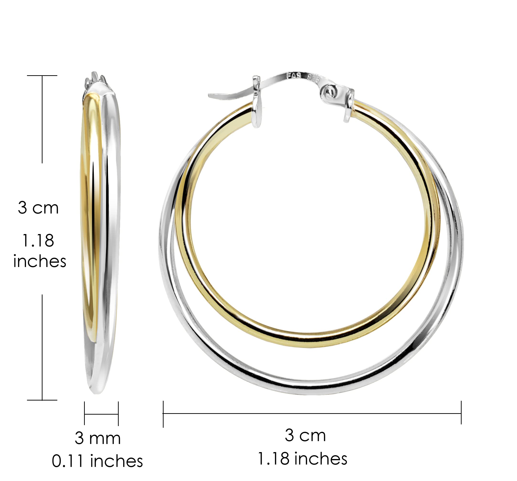 Sterling Silver Two-Tone Double Circle Round-Tube Polished Hoop Earrings, 30mm