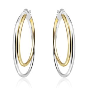 Sterling Silver Two-Tone Double Circle Round-Tube Polished Hoop Earrings, 30mm