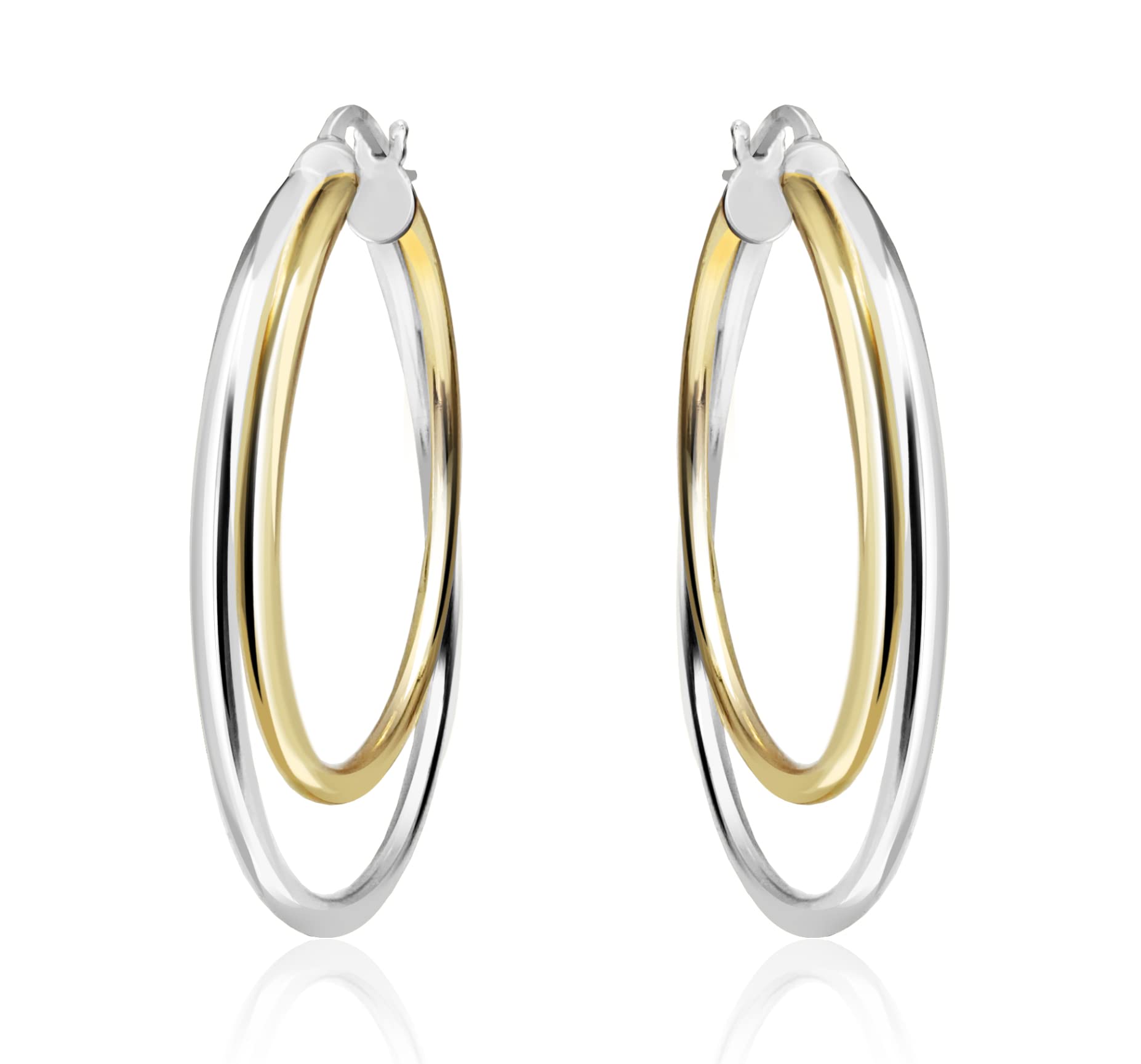 Sterling Silver Two-Tone Double Circle Round-Tube Polished Hoop Earrings, 30mm