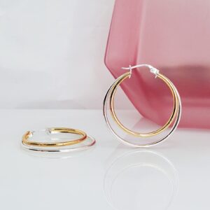 Sterling Silver Two-Tone Double Circle Round-Tube Polished Hoop Earrings, 30mm