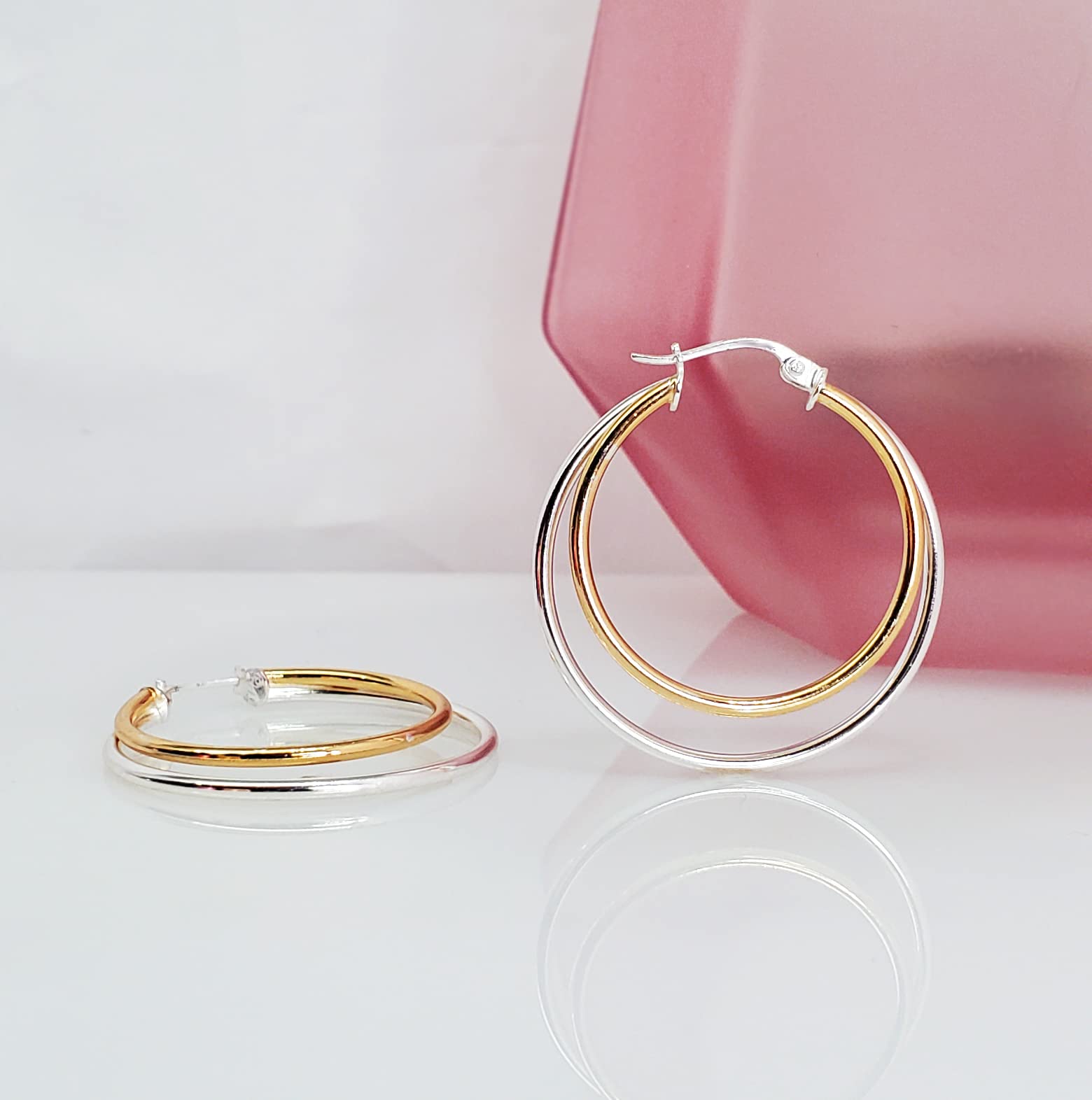 Sterling Silver Two-Tone Double Circle Round-Tube Polished Hoop Earrings, 30mm