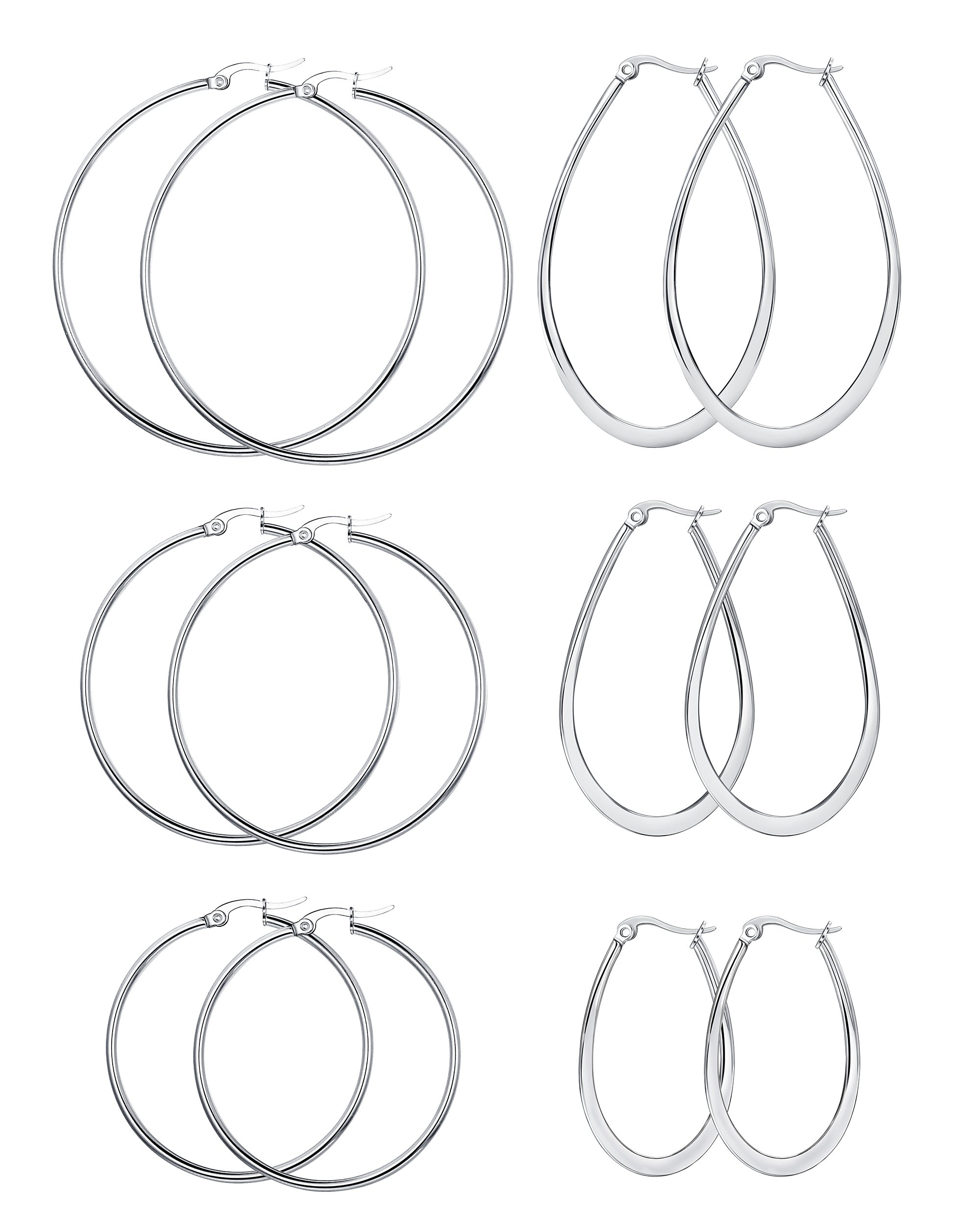 FIBO STEEL 6 Pairs Hoop Earrings for Women Teardrop Hoop Earrings Set 40-60MM