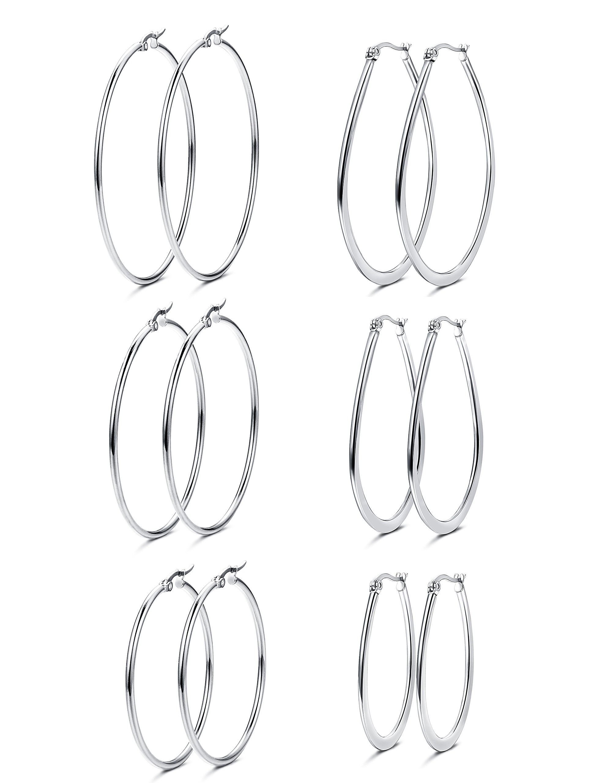 FIBO STEEL 6 Pairs Hoop Earrings for Women Teardrop Hoop Earrings Set 40-60MM