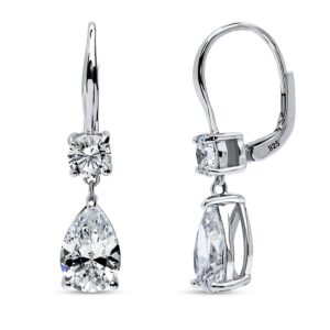 berricle sterling silver solitaire 3.6 carat pear cut cubic zirconia cz anniversary leverback dangle drop earrings for women, rhodium plated